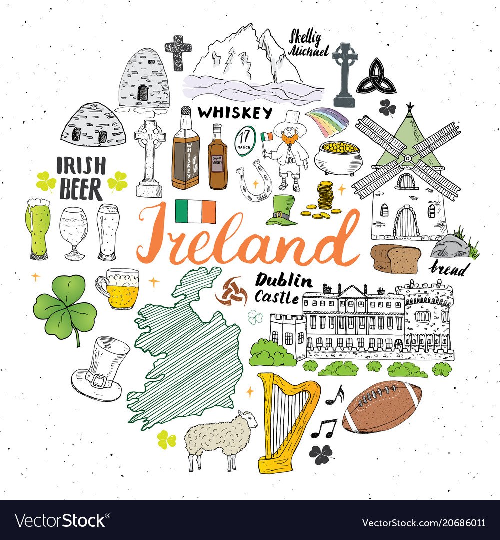 Ireland Sketch Doodles. Hand Drawn Irish Elements Set with flag and map ...